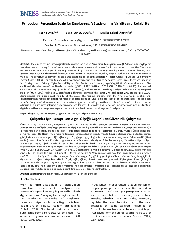 (PDF) Panopticon Perception Scale for Employees: A Study on the ...