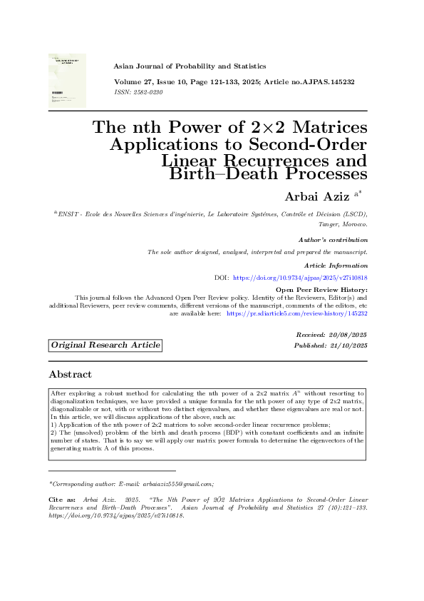 (PDF) The nth Power of 2x2 Matrices Applications to Second-Order Linear ...