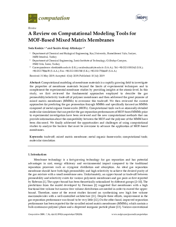 (PDF) A Review on Computational Modeling Tools for MOF-Based Mixed ...