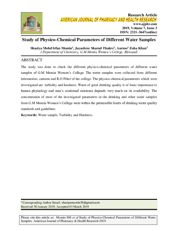 (PDF) Study of Physico-Chemical Parameters of Different Water Samples