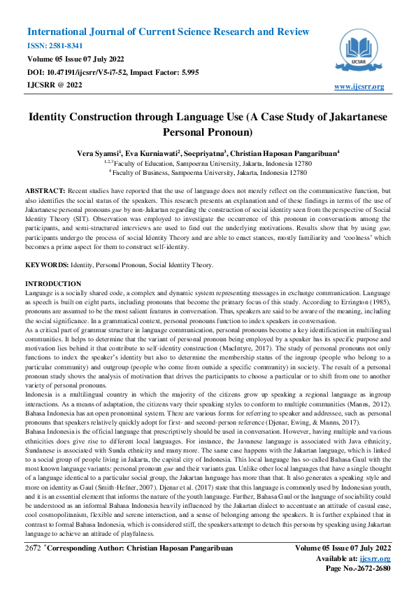 (PDF) Identity Construction through Language Use (A Case Study of Jakartanese Personal Pronoun)