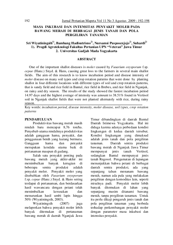 (PDF) Masa Inkubasi Dan Intensitas Penyakit Moler Pada Bawang Merah DI Berbagai Jenis Tanah Dan ...