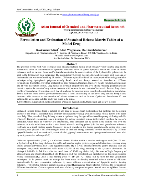 (PDF) Formulation and Evaluation of Sustained Release Matrix Tablet of ...
