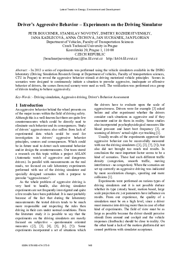 (PDF) Driver ’ s Aggressive Behavior – Experiments on the Driving Simulator