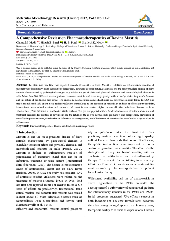 (PDF) A Comprehensive Review on Pharmacotherapeutics of Bovine mastitis