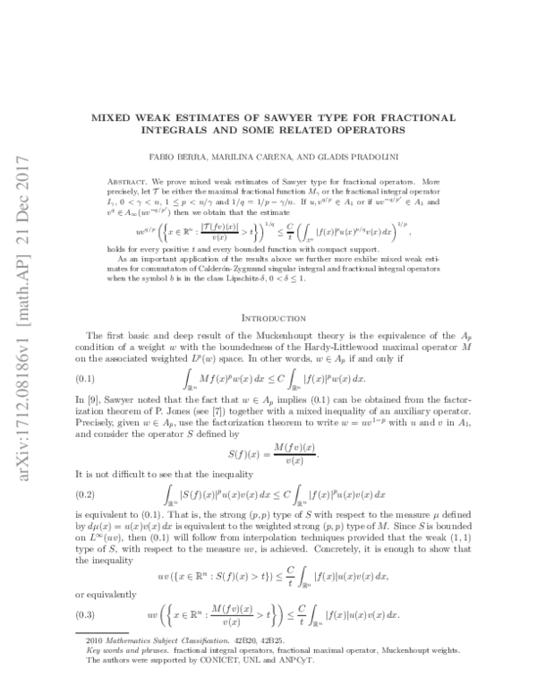 (PDF) Mixed weak estimates of Sawyer type for fractional integrals and ...
