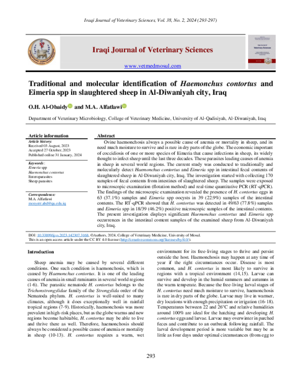 (PDF) Traditional and molecular identification of Haemonchus contortus ...