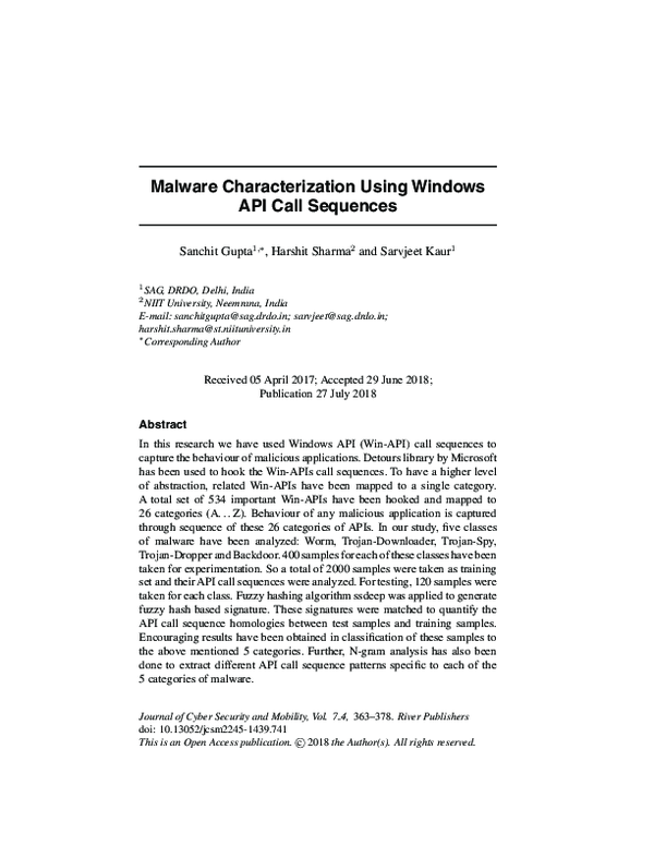 (PDF) Malware Characterization Using Windows API Call Sequences