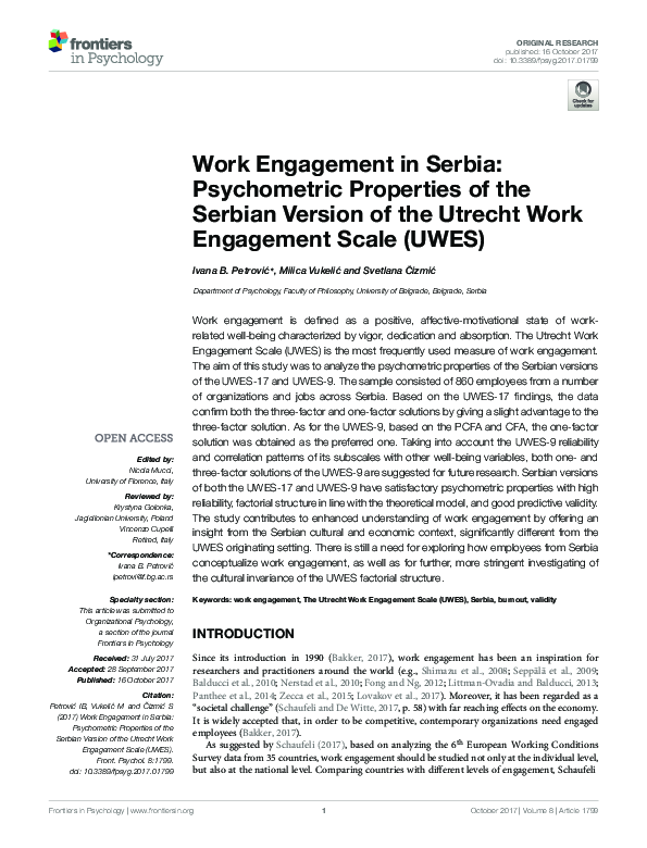 (PDF) Work Engagement in Serbia: Psychometric Properties of the Serbian ...