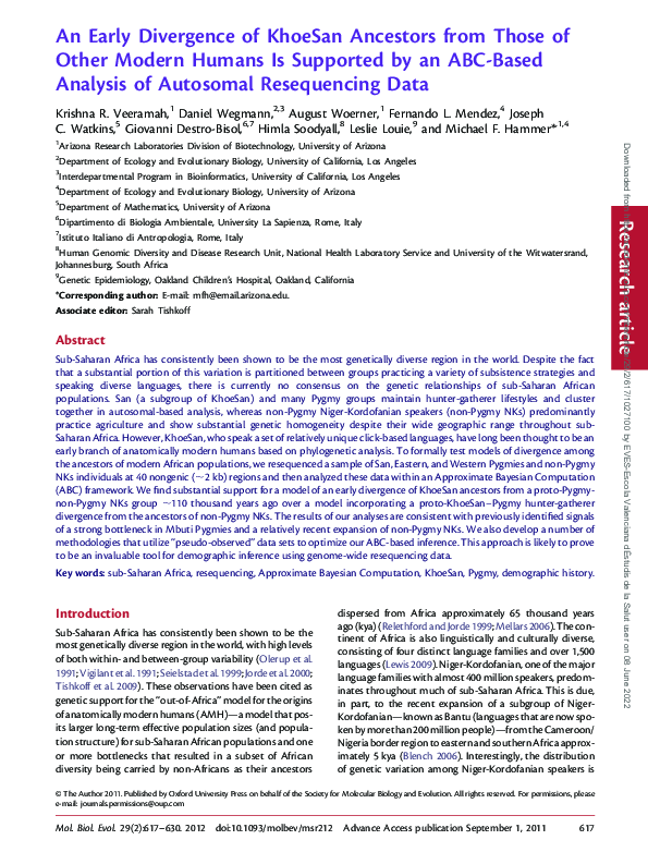 (PDF) An Early Divergence of KhoeSan Ancestors from Those of Other ...