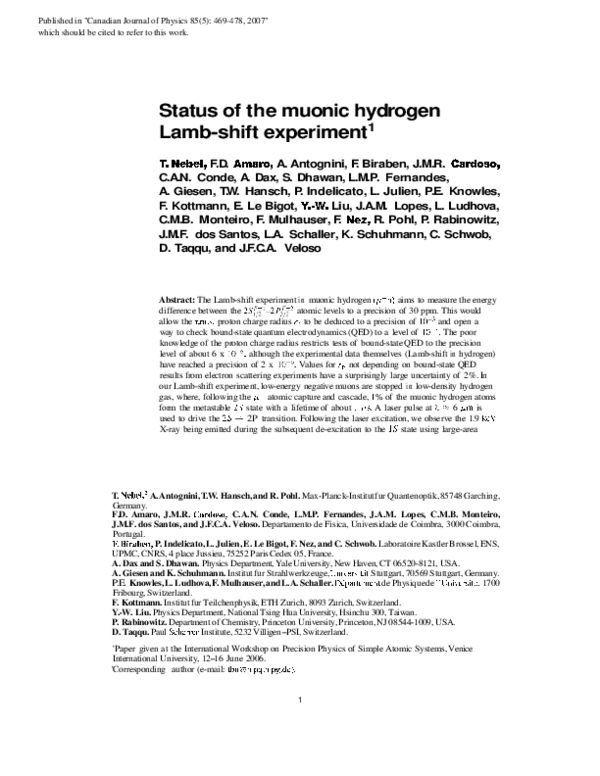 (PDF) Status of the muonic hydrogen Lamb-shift experiment