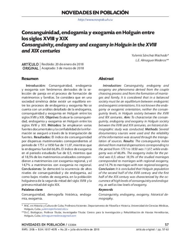 (PDF) Consanguinidad, endogamia y exogamia en Holguín entre los siglos ...