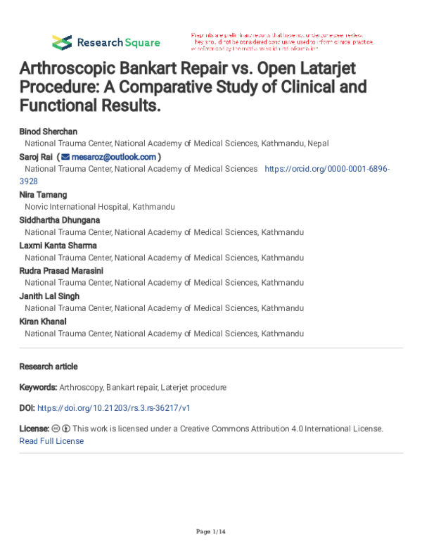 (PDF) Arthroscopic Bankart Repair vs. Open Latarjet Procedure: A ...