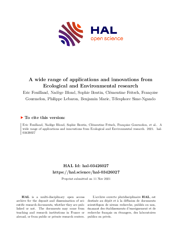 (PDF) A wide range of applications and innovations from Ecological and ...
