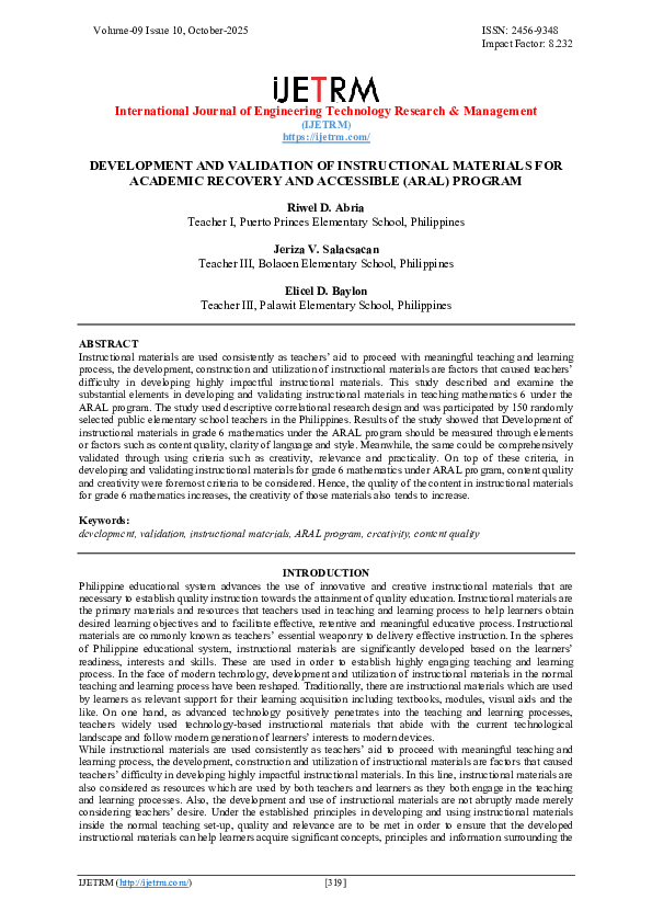 (PDF) DEVELOPMENT AND VALIDATION OF INSTRUCTIONAL MATERIALS FOR ...