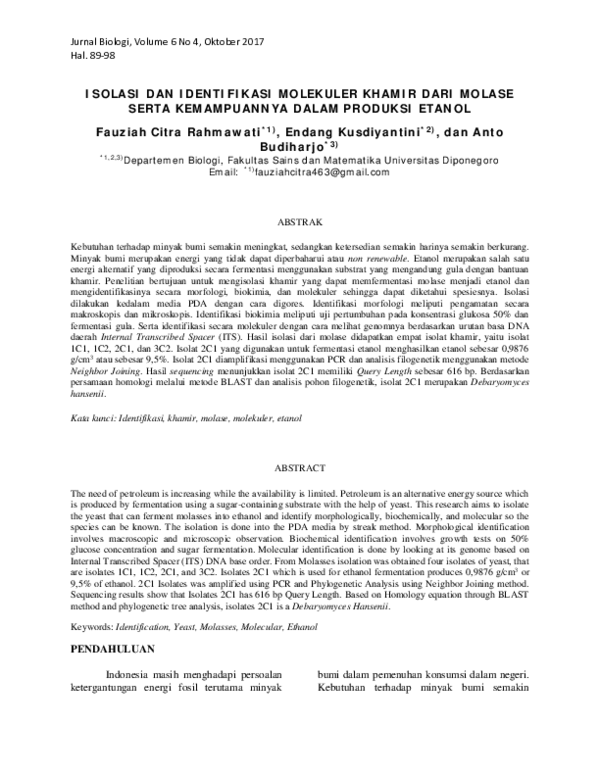 (PDF) Isolasi Dan Identifikasi Molekuler Khamir Dari Molase Serta ...