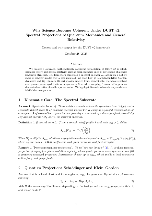 (PDF) Why Science Becomes Coherent Under DUST v2: Spectral Projections ...