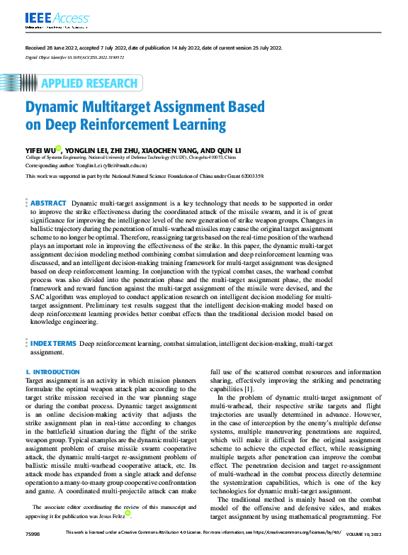 (PDF) Dynamic Multitarget Assignment Based on Deep Reinforcement Learning