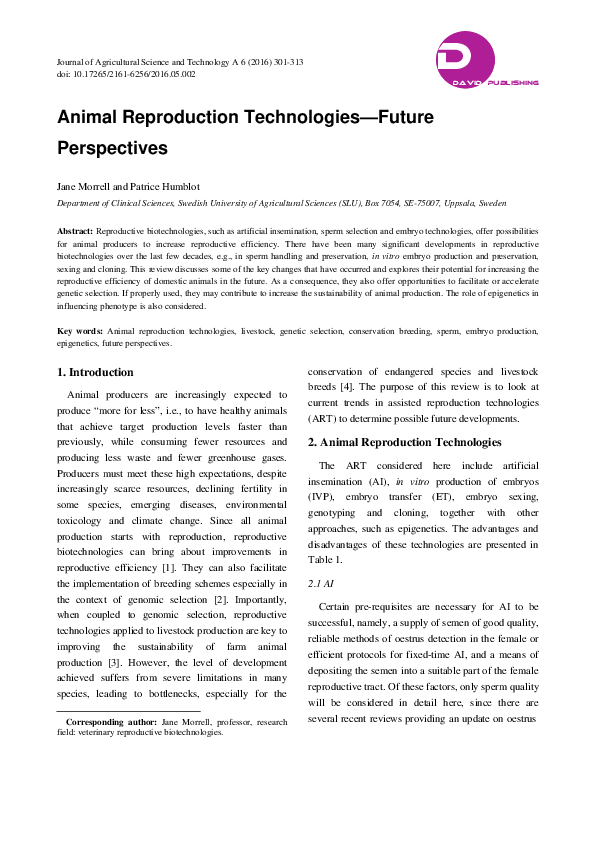 (PDF) Animal Reproduction Technologies—Future Perspectives