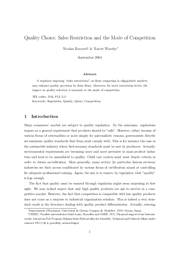 (PDF) Quality Choice, Sales Restriction and the Mode of Competition