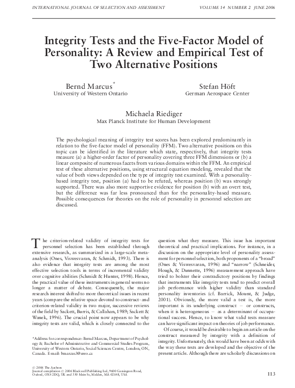 (PDF) Integrity Tests and the Five-Factor Model of Personality: A ...