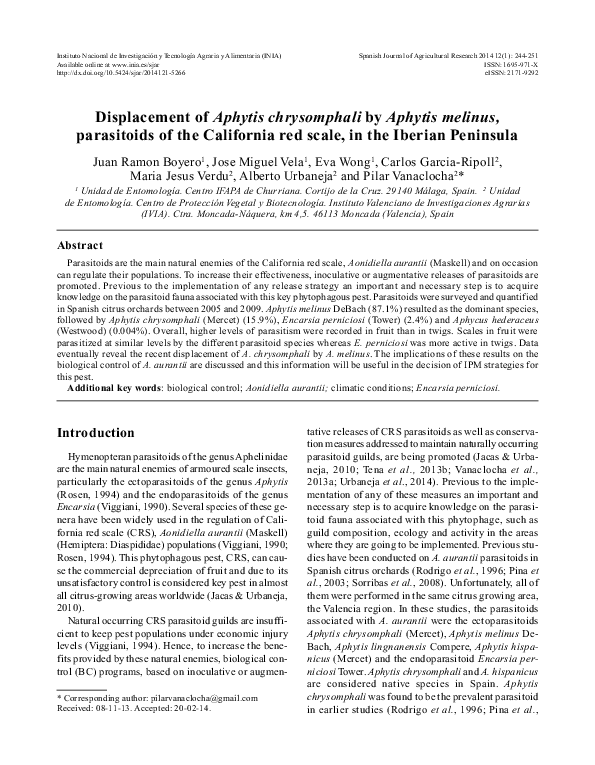 (PDF) Displacement of Aphytis chrysomphali by Aphytis melinus ...