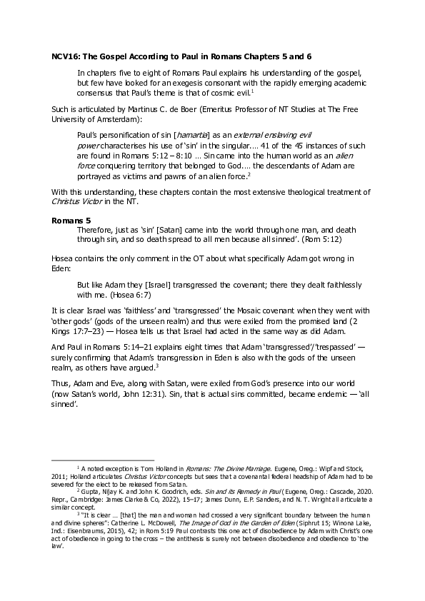 (PDF) NCV16 The Gospel According to Paul in Romans Chapters 5 and 6