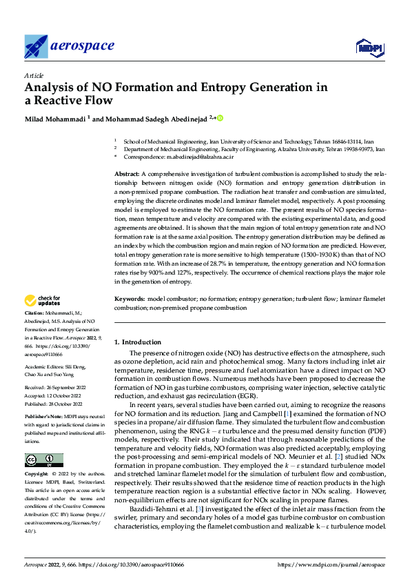 (PDF) Analysis of NO Formation and Entropy Generation in a Reactive Flow