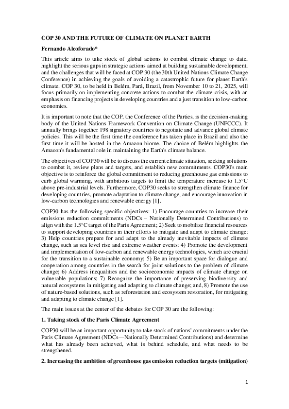 (PDF) COP 30 AND THE FUTURE OF CLIMATE ON PLANET EARTH