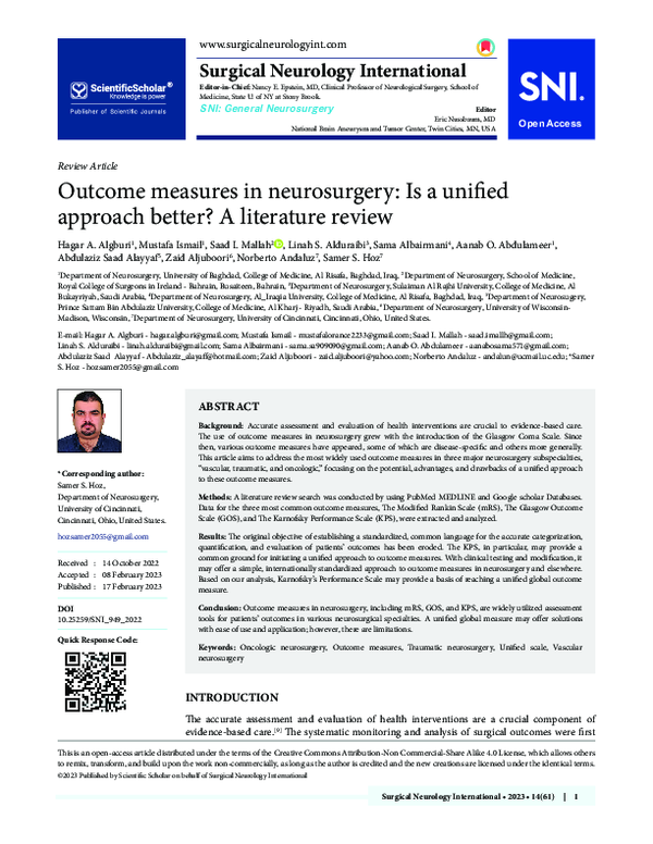 (PDF) Outcome measures in neurosurgery: Is a unified approach better? A ...