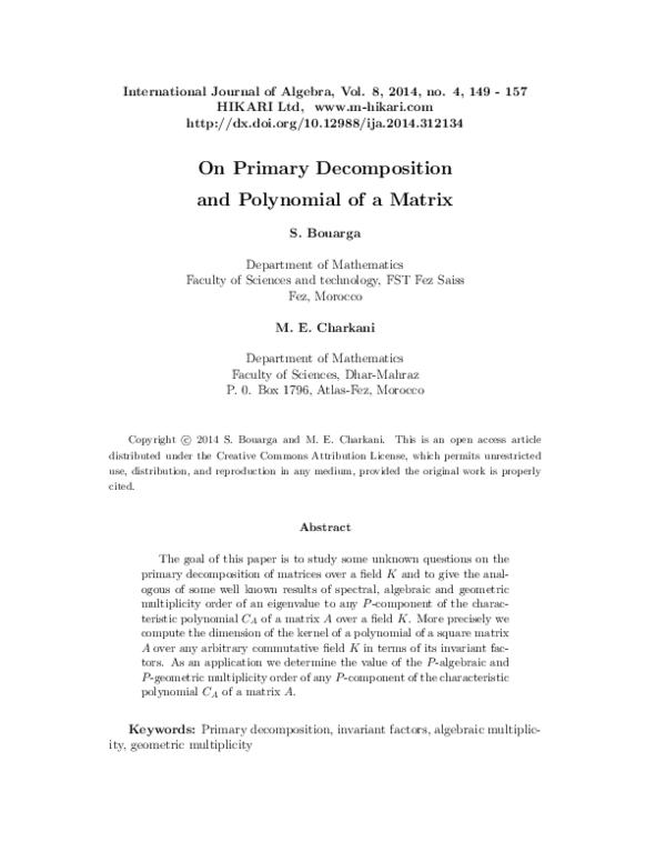 (PDF) On primary decomposition and polynomial of a matrix