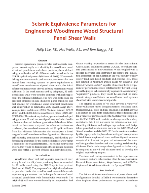 (PDF) Seismic Equivalence Parameters for Engineered Woodframe Wood ...