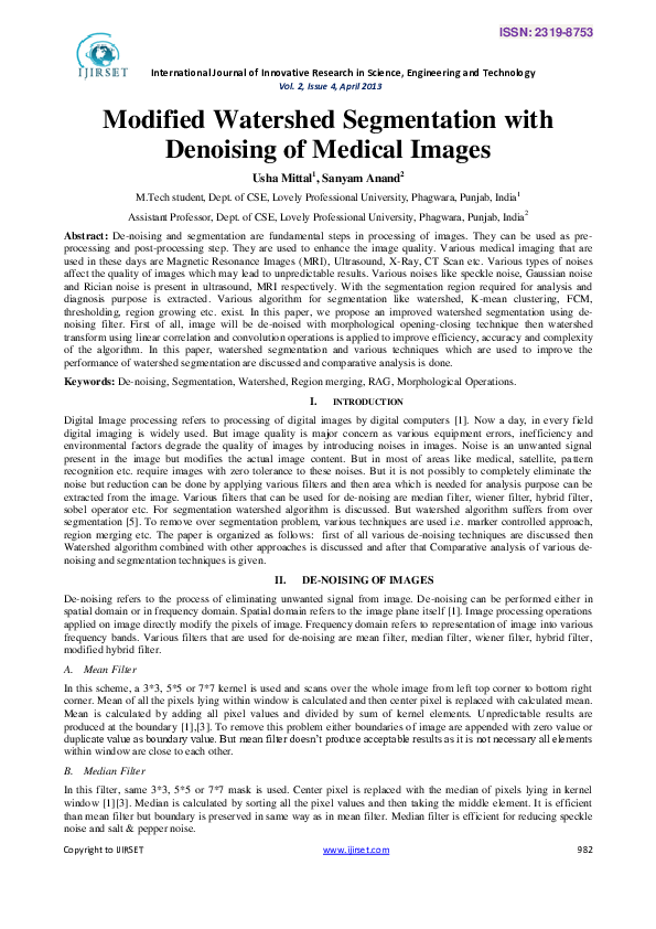 (PDF) Modified Watershed Segmentation withDenoising of Medical Images