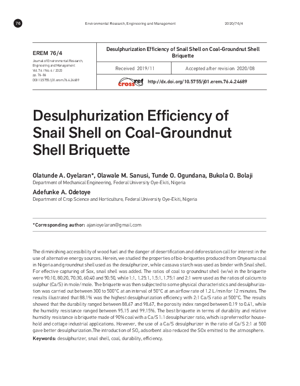 (PDF) Desulphurization Efficiency of Snail Shell on Coal-Groundnut ...