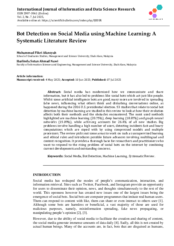 (PDF) Bot Detection on Social Media using Machine Learning: A Systematic Literature Review
