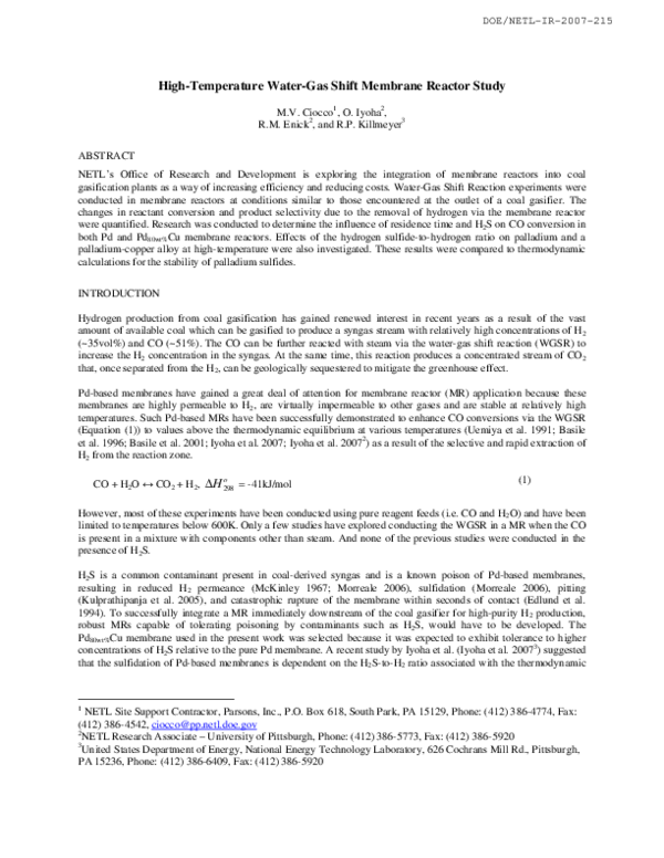 (PDF) High-Temperature Water-Gas Shift Membrane Reactor Study