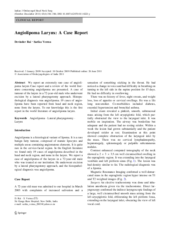 (PDF) Angiolipoma Larynx: A Case Report