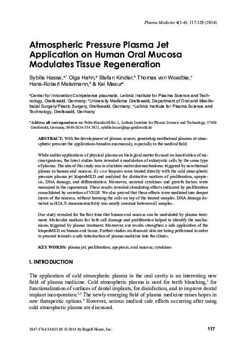 (PDF) Atmospheric Pressure Plasma Jet Application on Human Oral Mucosa ...