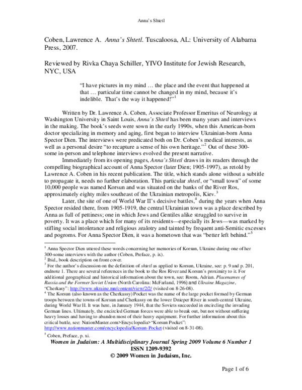 (PDF) Coben, Lawrence A. Anna's Shtetl. Tuscaloosa, AL: University of ...