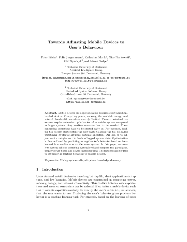 (PDF) Towards Adjusting Mobile Devices to User’s Behaviour