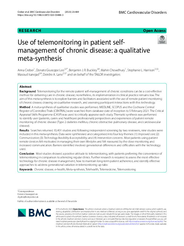 (PDF) Use of telemonitoring in patient self-management of chronic ...