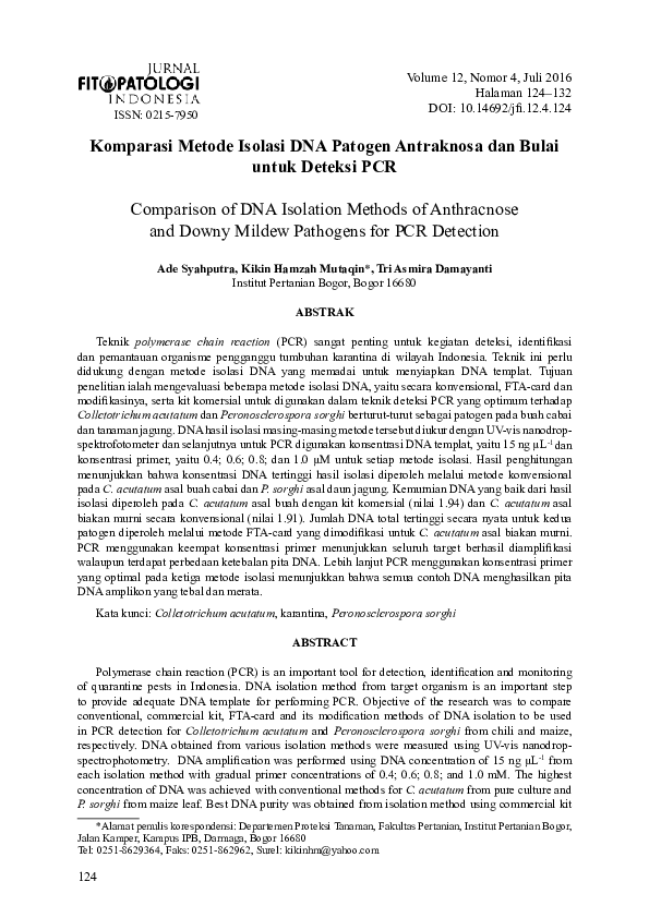 (PDF) Komparasi Metode Isolasi DNA Patogen Antraknosa dan Bulai untuk ...