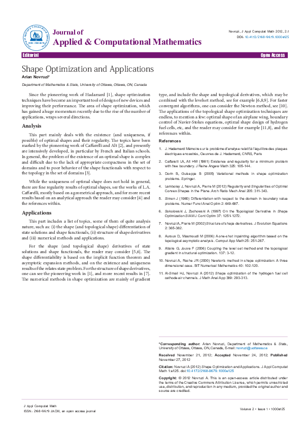 Pdf Shape Optimization And Applications