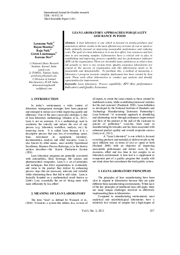 (PDF) Lean Laboratory Approaches for Quality Assurance in Food