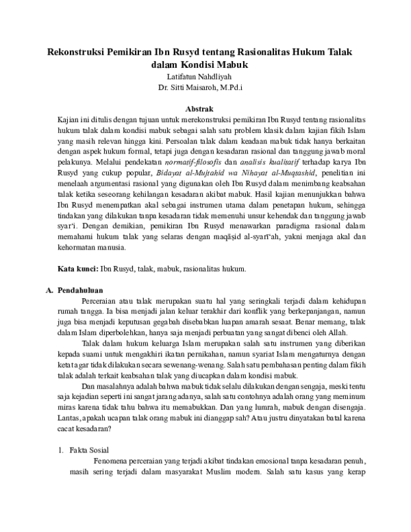 (PDF) Rekonstruksi Pemikiran Ibn Rusyd tentang Rasionalitas Hukum Talak ...