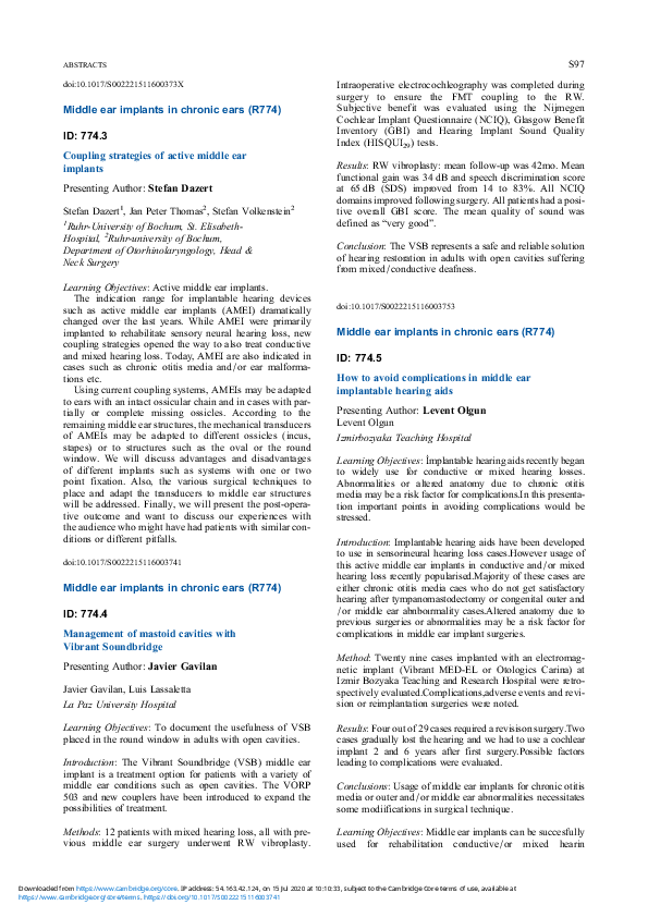 (PDF) Management of mastoid cavities with Vibrant Soundbridge