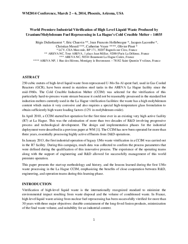 (PDF) World Premiere Industrial Vitrification of High Level Liquid ...