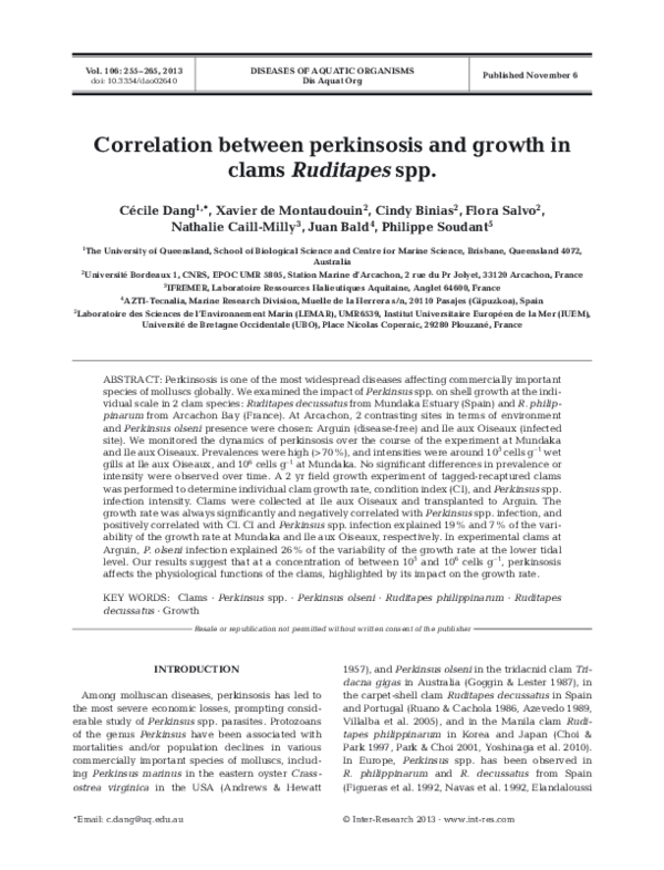 (PDF) Correlation between perkinsosis and growth in clams Ruditapes spp