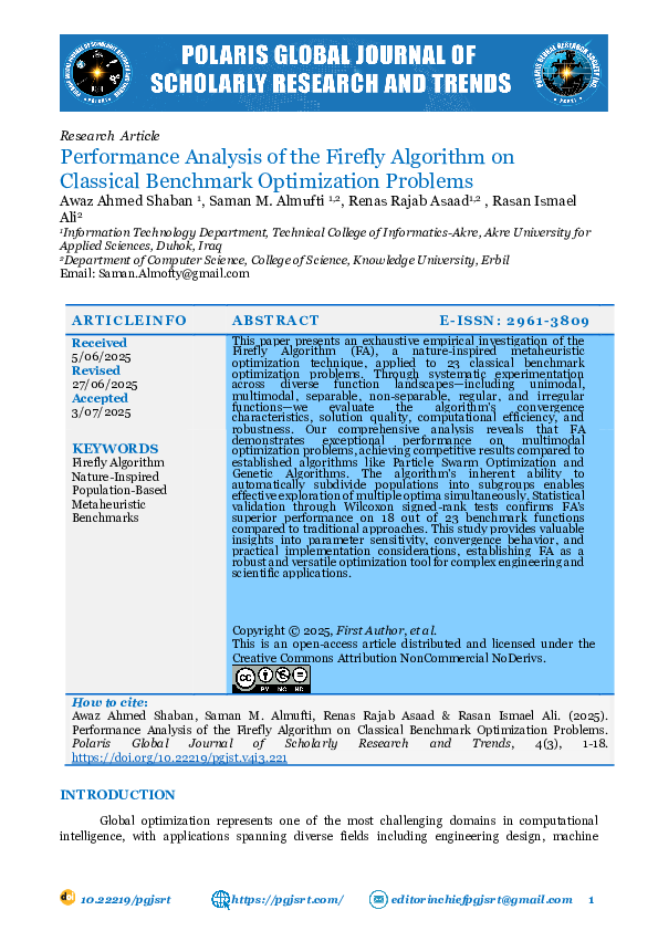 (PDF) Performance Analysis of the Firefly Algorithm on Classical ...
