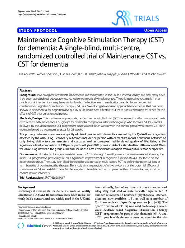 (PDF) Maintenance Cognitive Stimulation Therapy (CST) for dementia: A ...